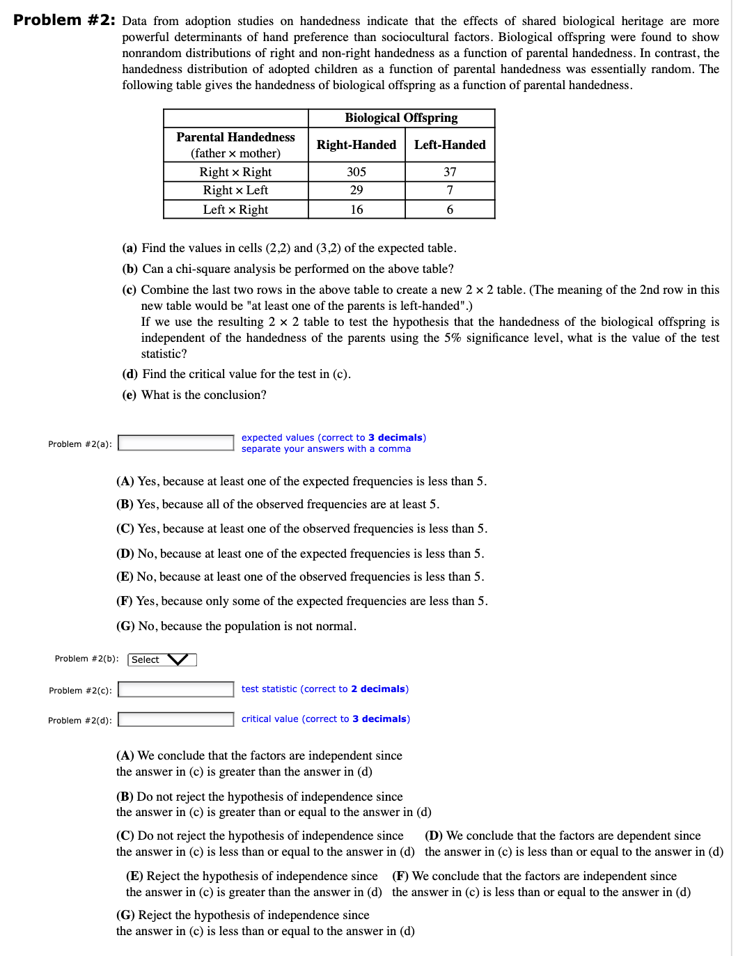 Solved Problem # 2: Data from adoption studies on handedness | Chegg.com