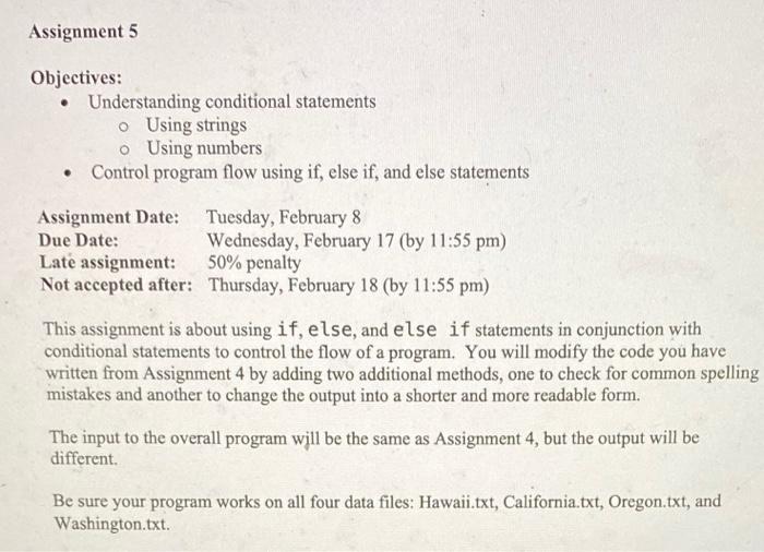 Solved Assignment 5 Objectives: Understanding conditional | Chegg.com