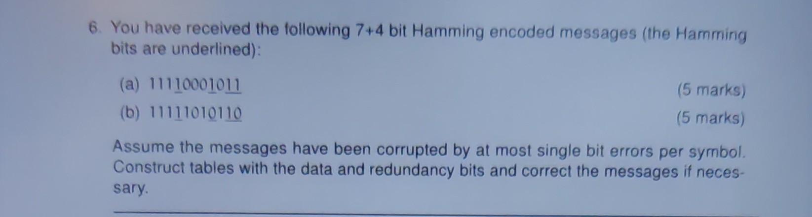 Solved 6. You have received the following 7+4 bit Hamming | Chegg.com