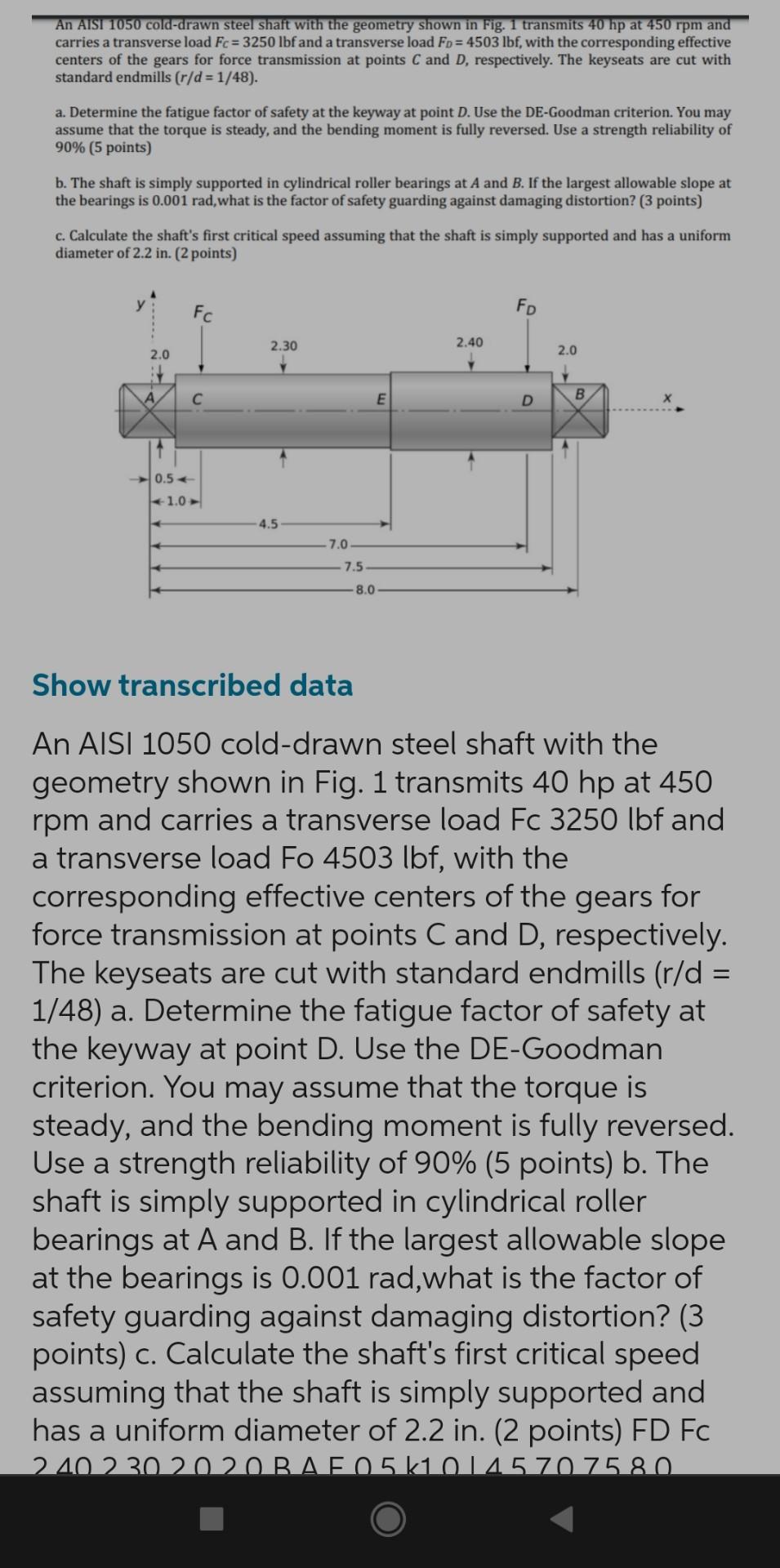 Solved An AISI 1050 cold-drawn steel shaft with the geometry | Chegg.com