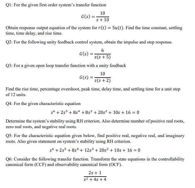 Solved Q1: For the given first order system's transfer | Chegg.com
