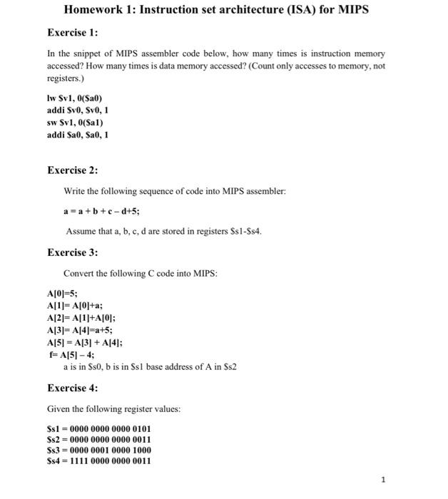Solved Homework 1: Instruction set architecture (ISA) for | Chegg.com