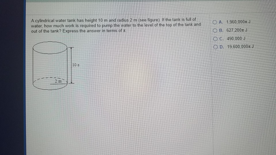 Solved A cylindrical water tank has height 10 m and radius 2 | Chegg.com