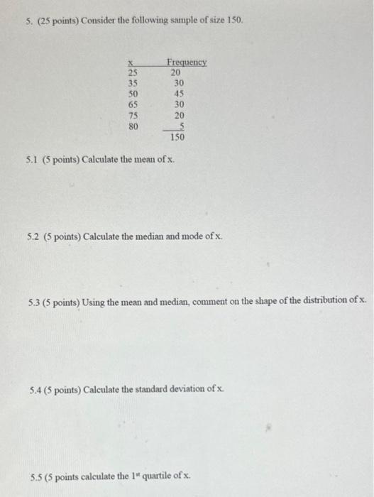 Solved 5. (25 points) Consider the following sample of size | Chegg.com