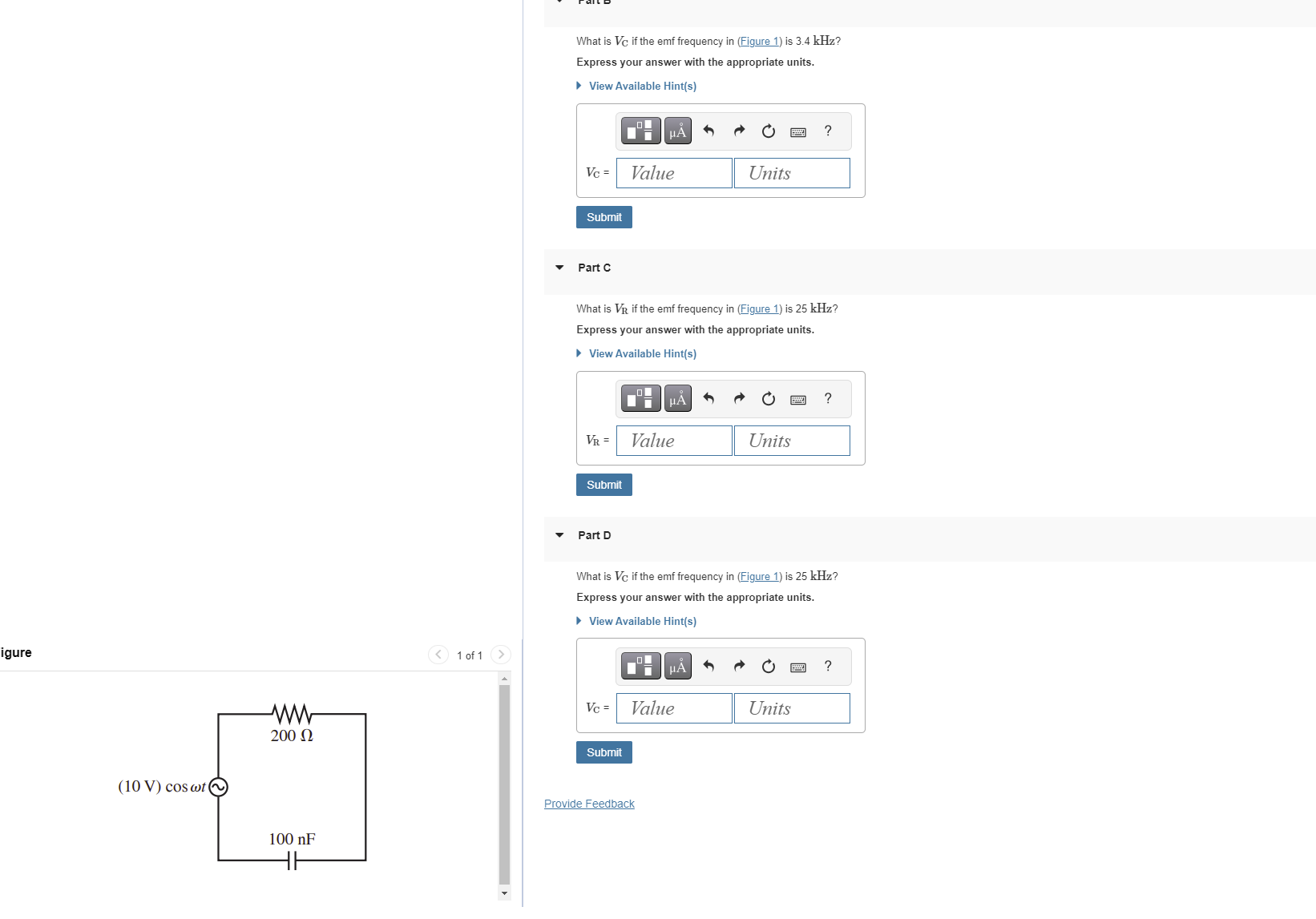 Solved Part APaWhat is VR ﻿ if the emf frequency in (Figure | Chegg.com