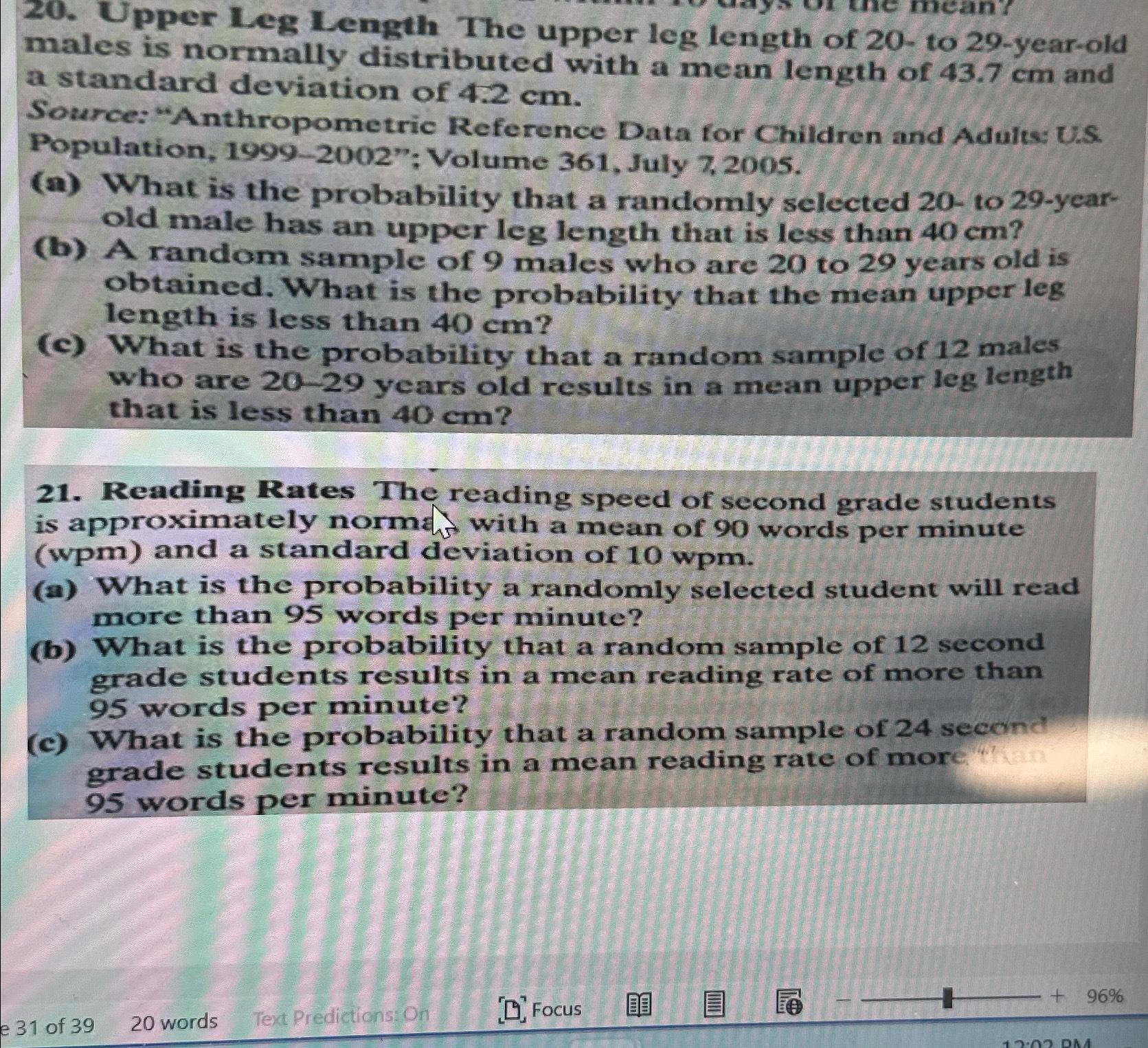 Solved Upper Leg Length The upper leg length of 20- ﻿to | Chegg.com