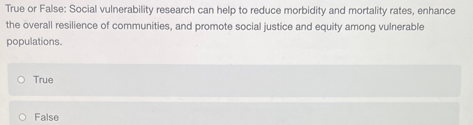 Solved True or False: Social vulnerability research can help | Chegg.com