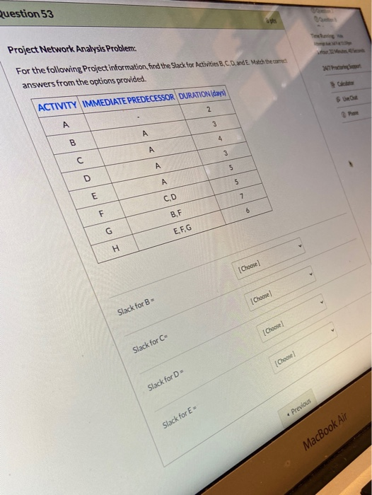 Solved Question 53 Project Network Analysis Problem. For the | Chegg.com