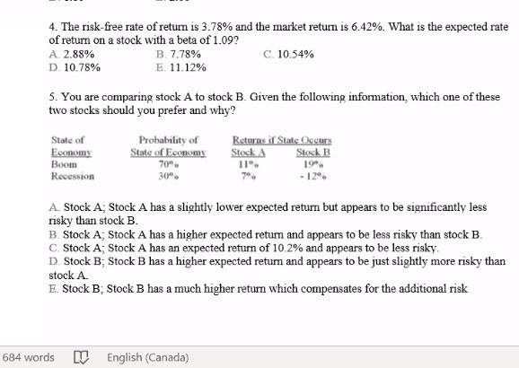 Solved 4. The risk-free rate of retum is 3.78% and the | Chegg.com