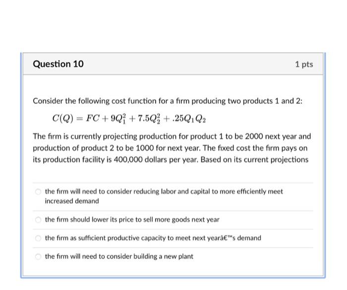 Solved Consider the following cost function for a firm | Chegg.com