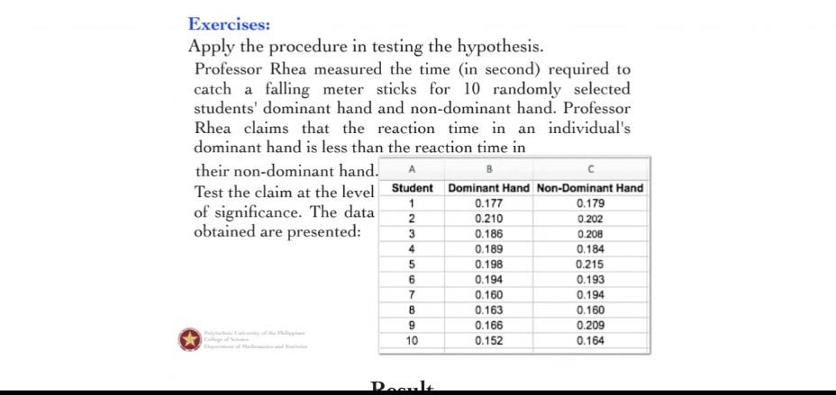 Solved Exercises: Apply the procedure in testing the | Chegg.com