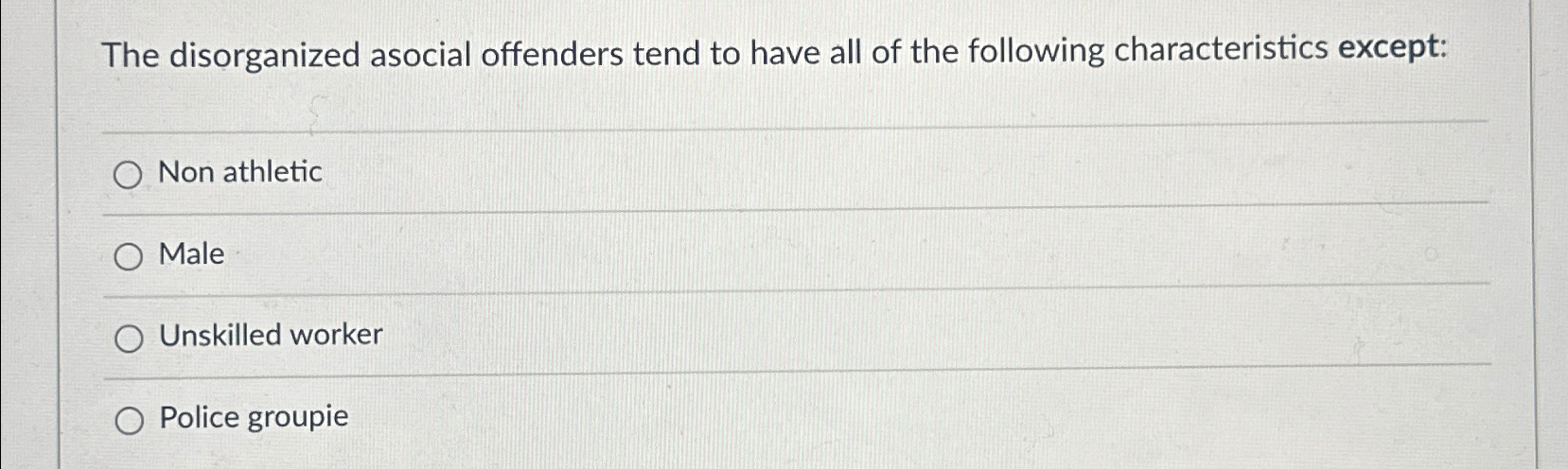 Solved The disorganized asocial offenders tend to have all | Chegg.com