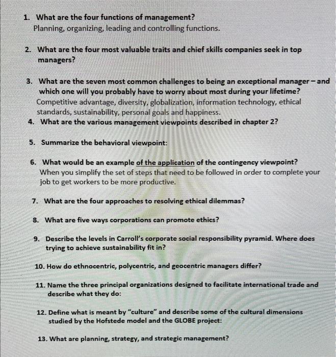 Solved 1. What are the four functions of management? | Chegg.com