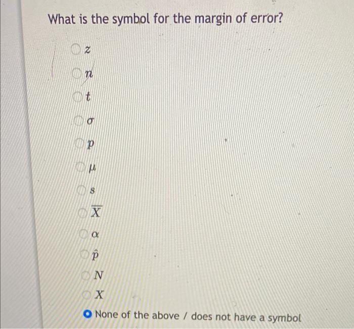 Solved What is the symbol for the margin of error? cz um kit | Chegg.com
