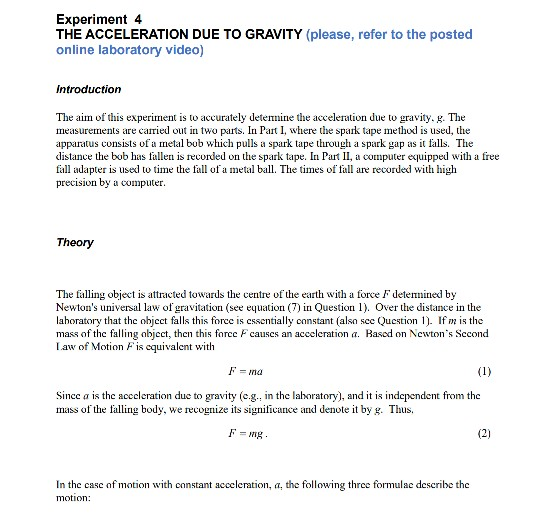 Solved Experiment 4 THE ACCELERATION DUE TO GRAVITY (please, | Chegg.com