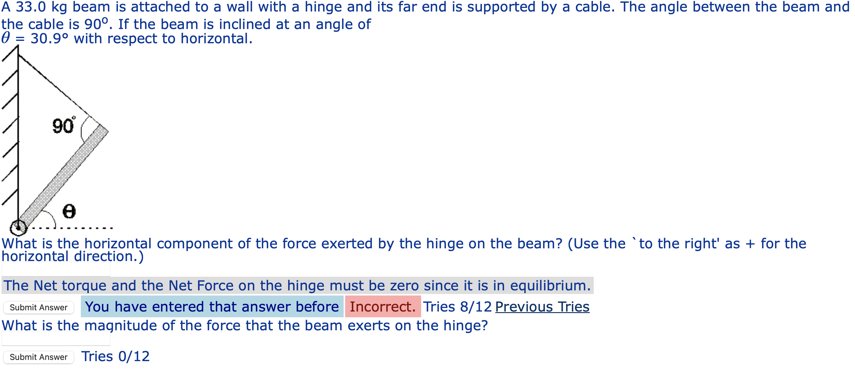 Solved A 33.0 ﻿kg beam is attached to a wall with a hinge | Chegg.com