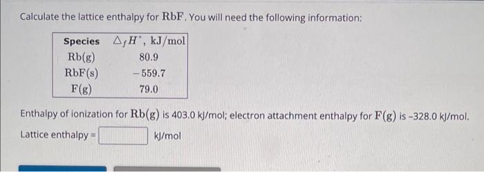 Solved Calculate the lattice enthalpy for RbF, You will need | Chegg.com