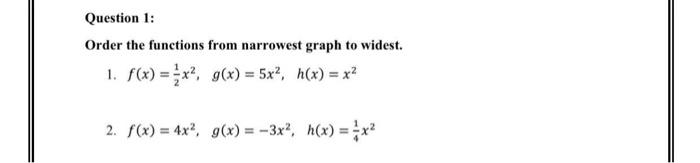 Solved Question 1: Order the functions from narrowest graph | Chegg.com