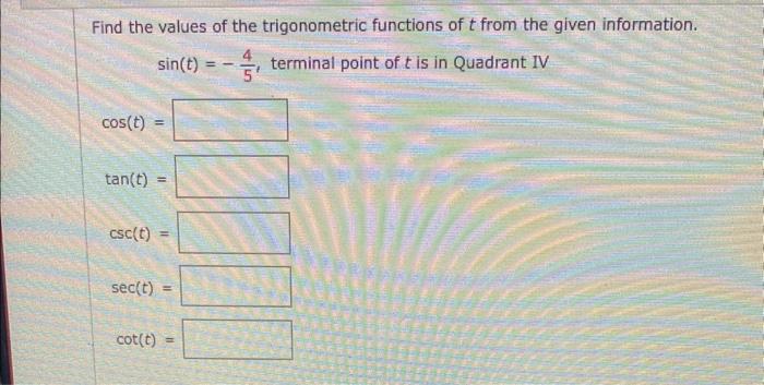 Solved Find the values of the trigonometric functions of t | Chegg.com