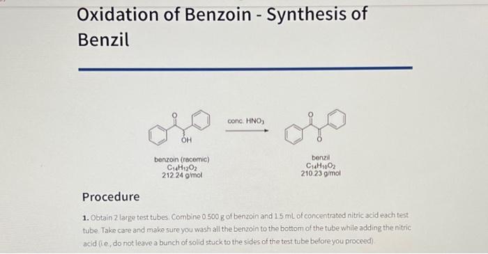 Solved Oxidation of Benzoin - Synthesis of Benzil conc. HNO3 | Chegg.com