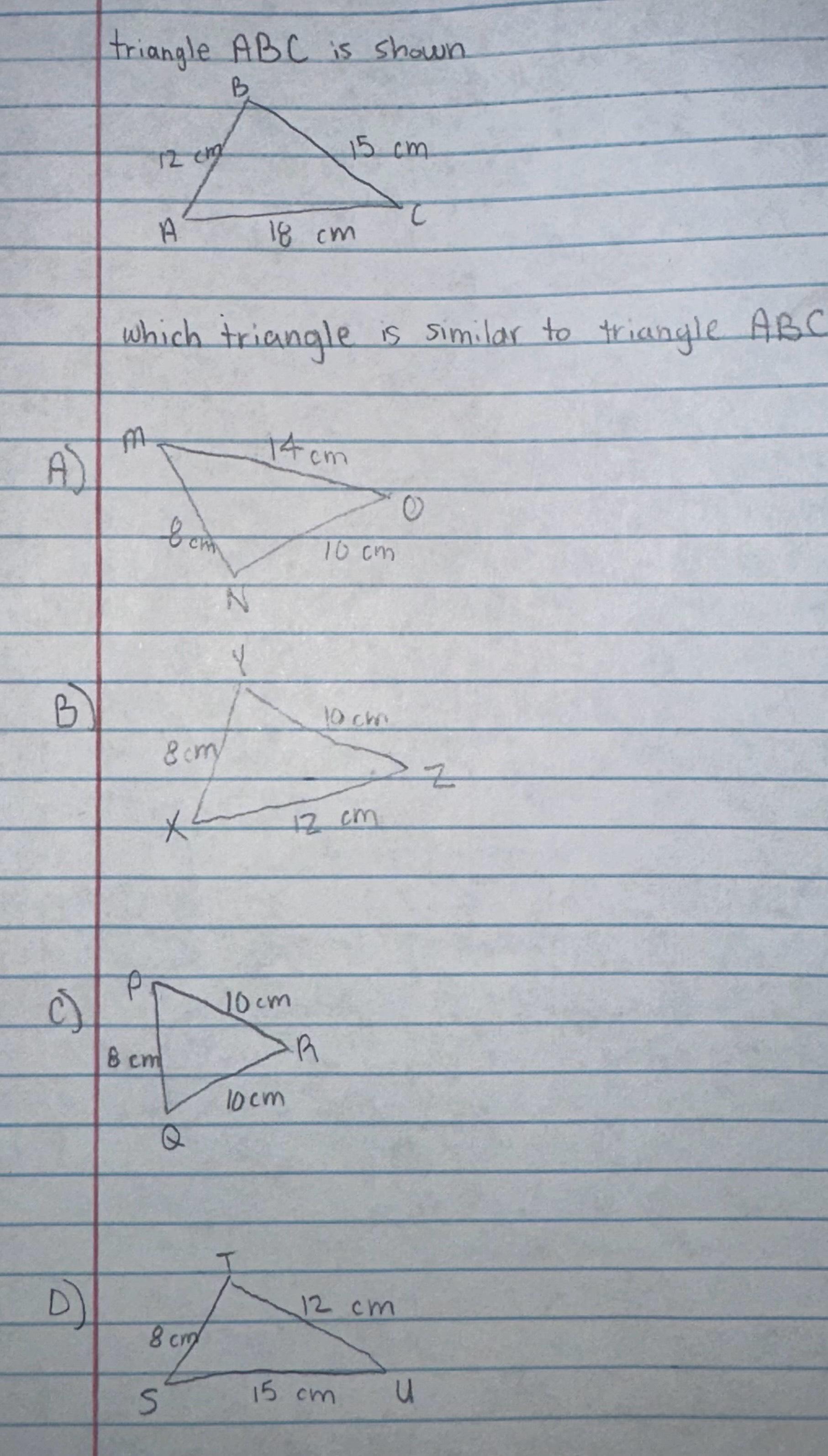 Solved Triangle ABC is shown. which triangle is similar to | Chegg.com