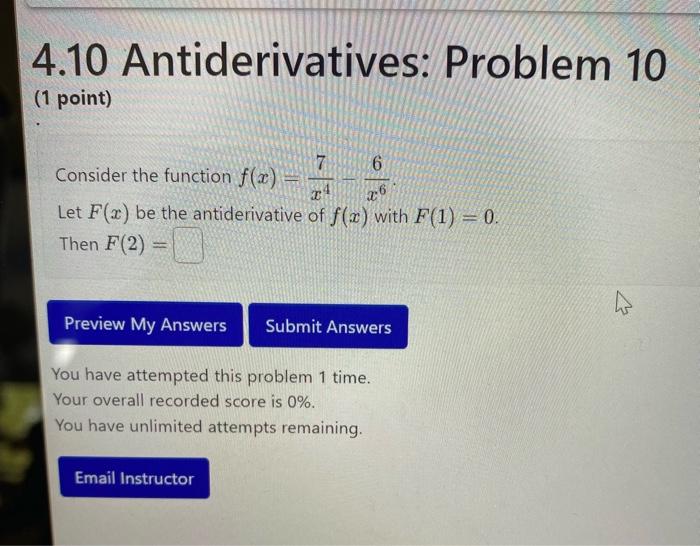 Solved 4.10 Antiderivatives: Problem 10 ( 1 point) Consider | Chegg.com