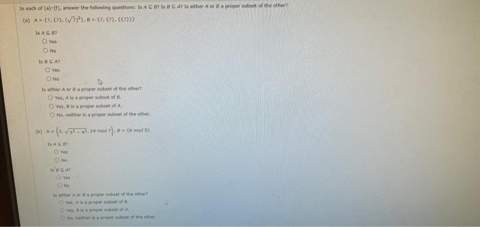 Solved A={{1,2},{2,3}},B={1,2,3} Is A⊆B ? Yes No Is B⊆A ? | Chegg.com
