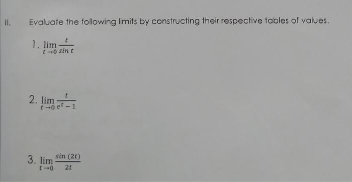 Solved II. Evaluate the following limits by constructing | Chegg.com