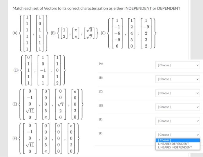 Solved Match each set of Vectors to its correct | Chegg.com