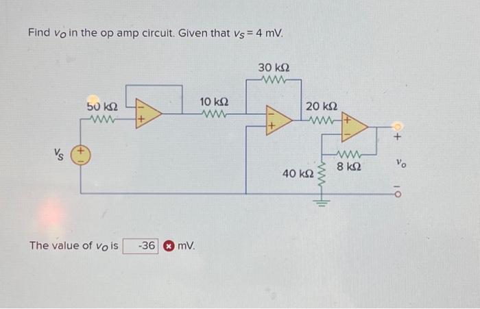 Solved Find vo in the op amp circuit. Given that vs = 4 mV. | Chegg.com