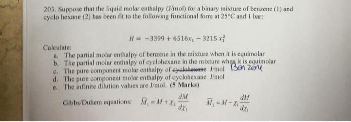 Solved 203. Suppose that the liquid molar enthalpy (I/mol) | Chegg.com