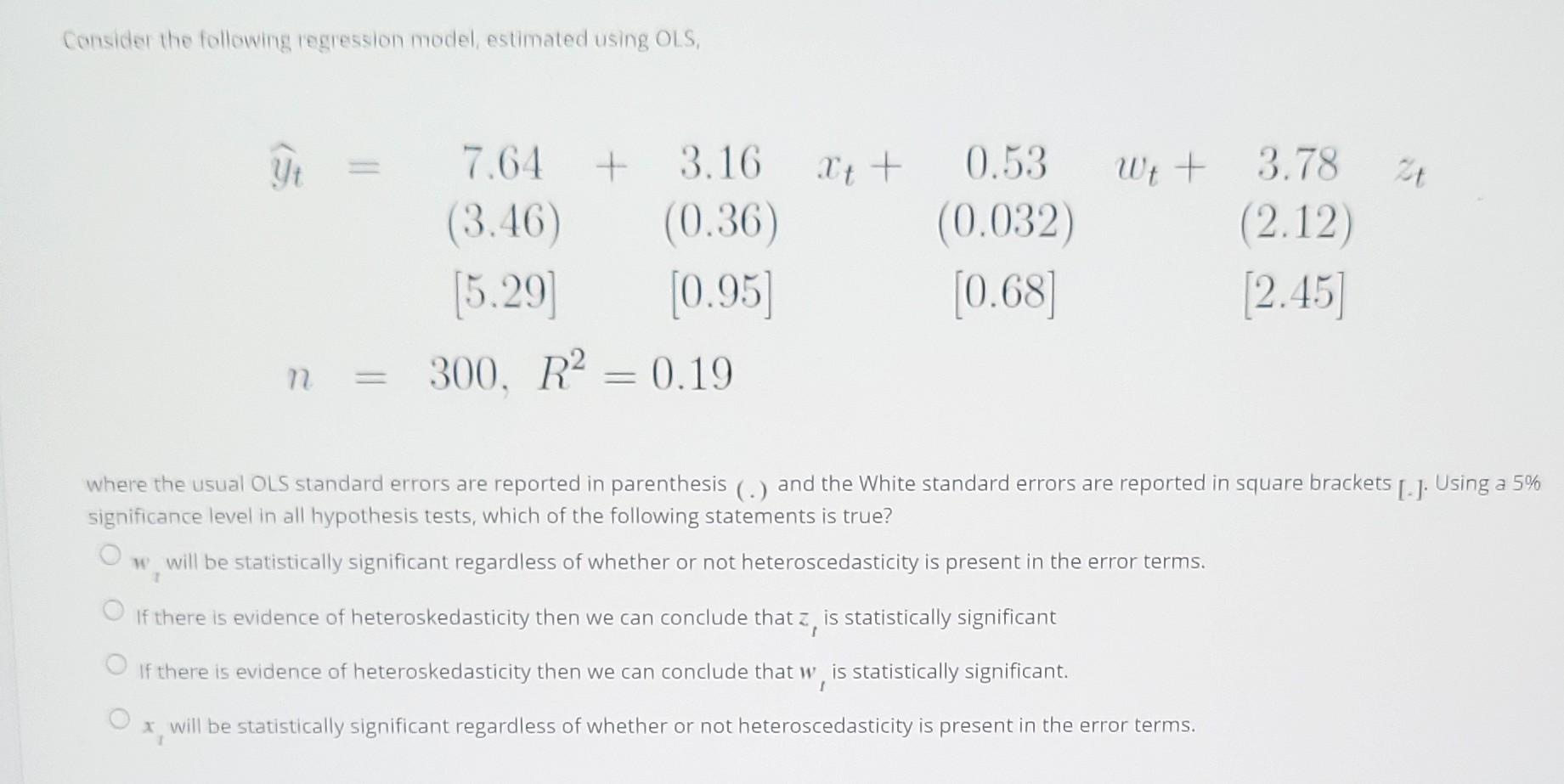 Solved Consider the following regression model, estimated | Chegg.com