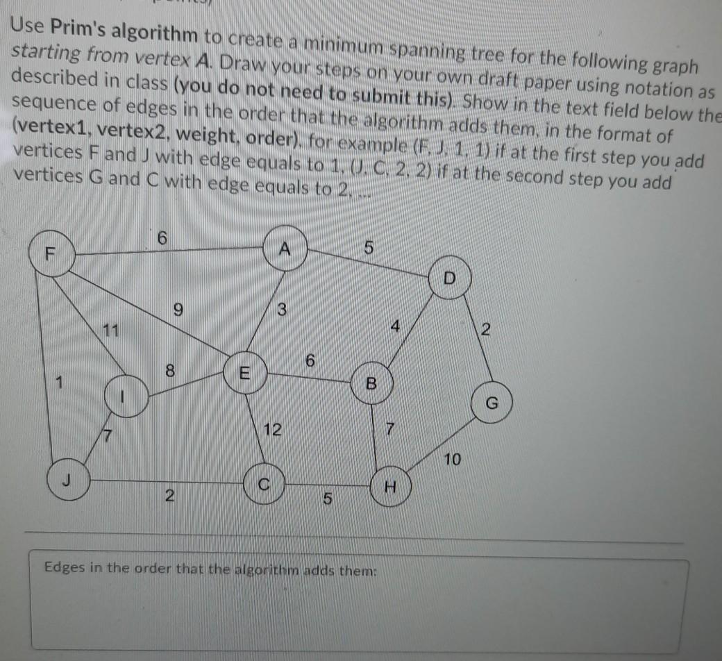 Solved Use Prim's algorithm to create a minimum spanning | Chegg.com