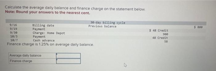 Solved Calculate the average daily balance and finance | Chegg.com