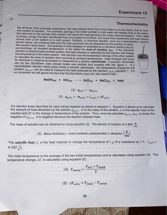 Solved Report Sheet for Experiment 12: Thermochemistry All | Chegg.com