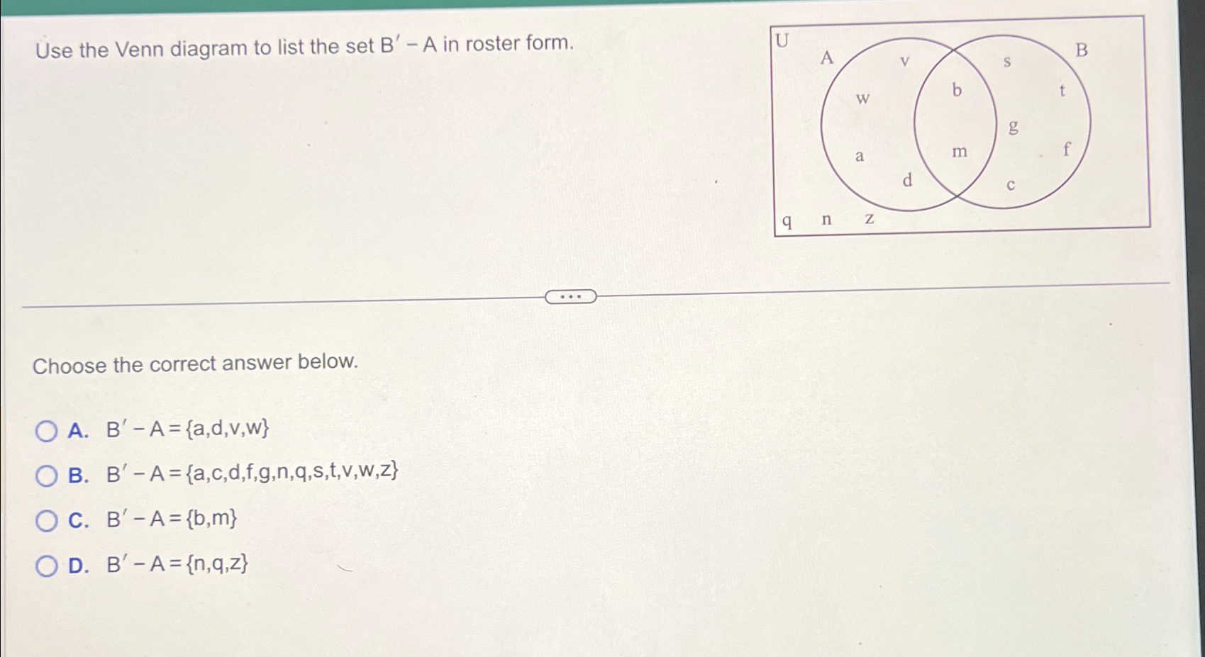Solved Use the Venn diagram to list the set B'-A ﻿in roster | Chegg.com