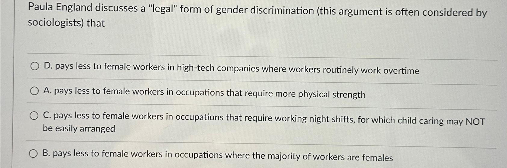 Solved Paula England discusses a "legal" form of gender | Chegg.com