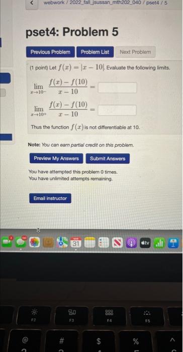 Solved (1 point) Let f(x)=∣x−10∣ Evaluate the following | Chegg.com