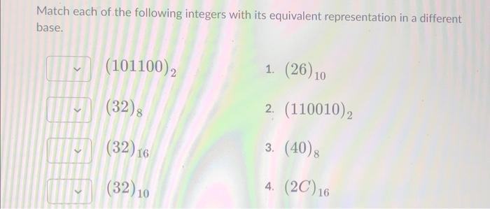Solved Match each of the following integers with its | Chegg.com