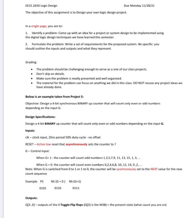 EECE.2650 Logic Design Due Monday 11/28/22 The | Chegg.com