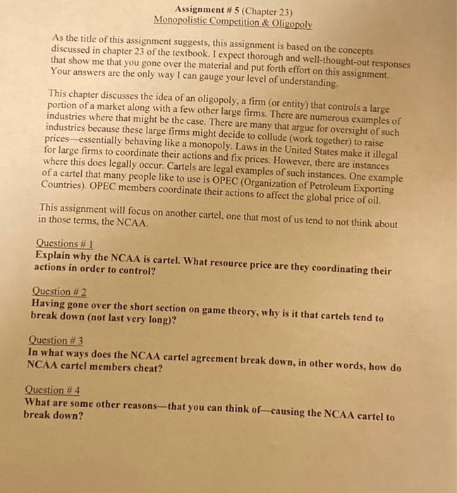 Solved Assignment # 5 (Chapter 23) Monopolistic Competition | Chegg.com