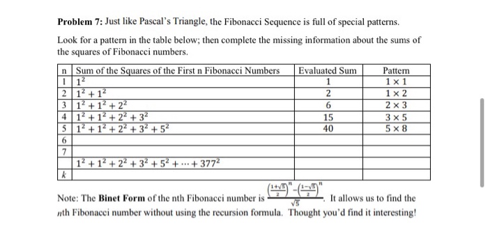 Solved Problem 7: Just like Pascal's Triangle, the Fibonacci | Chegg.com