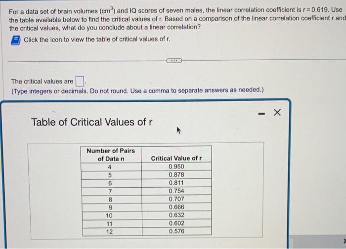 Solved For a data set of brain volumes (cm3) and IQ scores | Chegg.com