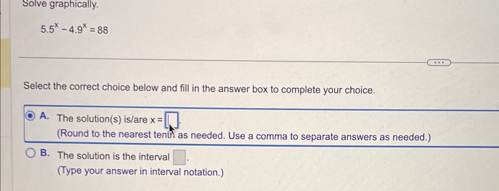 Solved Solve graphically.5.5x-4.9x=88Select the correct | Chegg.com
