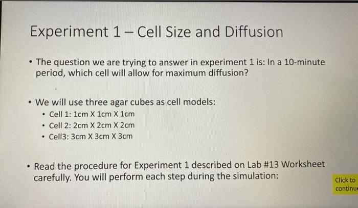 Experiment 1 - Cell Size and Diffusion • The question | Chegg.com