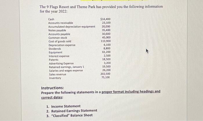 Solved The 9 Flags Resort and Theme Park has provided you | Chegg.com