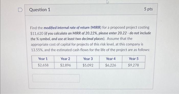 Solved Find The Modified Internal Rate Of Return Mirr For