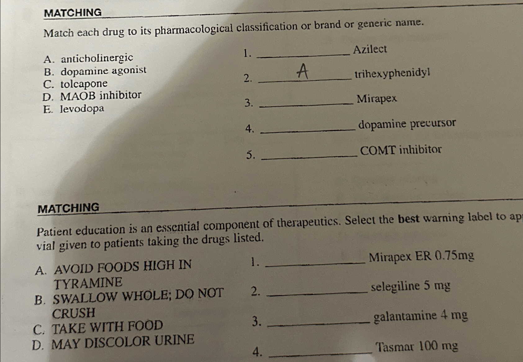Solved MATCHINGMatch each drug to its pharmacological | Chegg.com