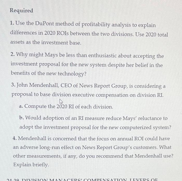 Solved 24-38. ROI, RI, DUPONT METHOD, INVESTMENT DECISIONS, | Chegg.com