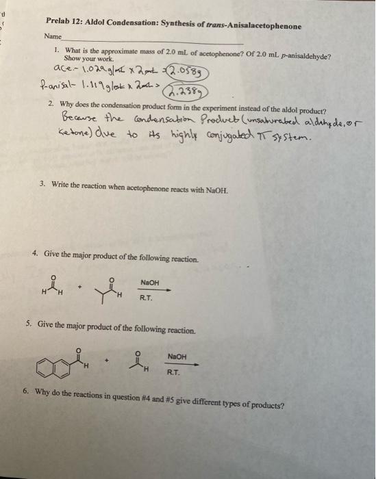 Solved Prelab 12: Aldol Condensation: Synthesis of | Chegg.com